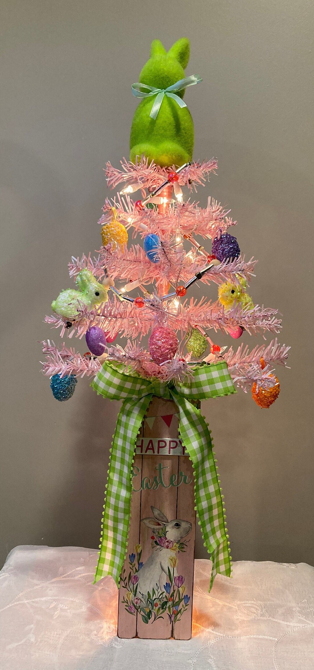 Easter Bunny Sitting on Top of a Pink Tree, Green Bunny Tree Topper, A ...
