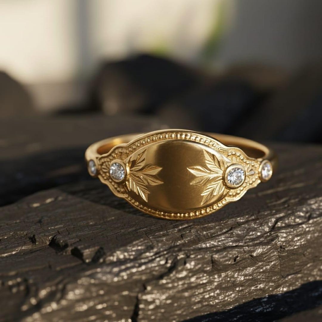 Personalized Gold Signet Ring With Diamonds | Custom Engraved Vintage ...