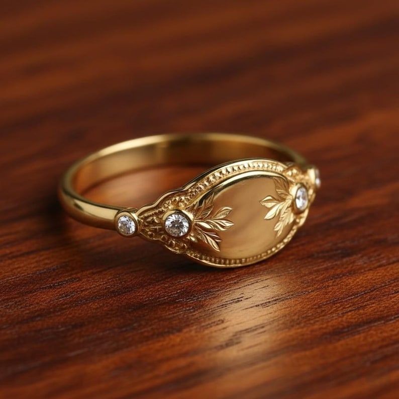 Personalized Gold Signet Ring With Diamonds | Custom Engraved Vintage ...