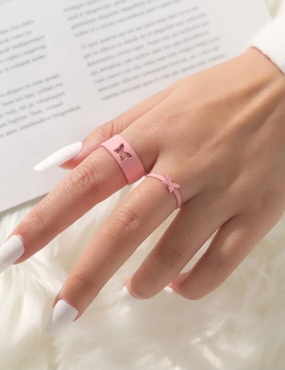 Cute Dainty Baby pink pastel butterfly ring set of 2. Couples rings promise rings best friend rings gifted for her handmade vintage y2k