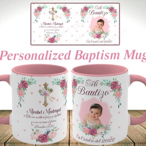 Baptism Personalized Mugs. Cute Floral Spanish or English Baptism Mugs ...