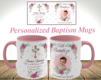 Baptism Personalized Mugs. Cute Teddy Bear With Balloons Spanish or ...