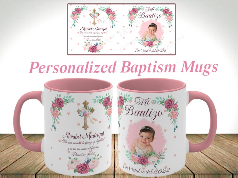 Baptism Personalized Mugs. Cute Floral Spanish or English Baptism Mugs ...