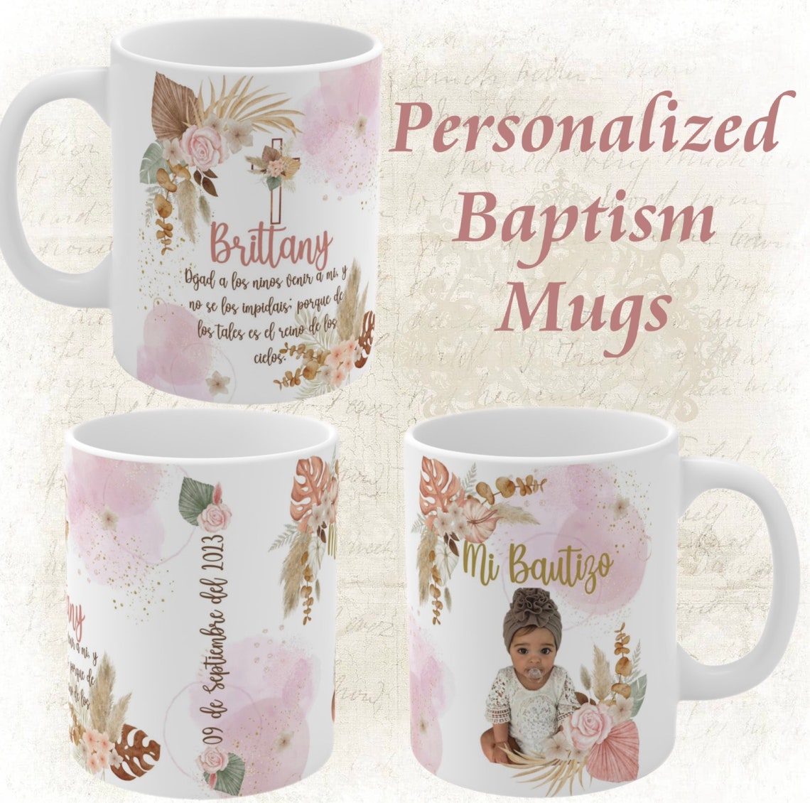 Baptism Boho Personalized Mugs. Boho Floral Spanish or English Baptism ...