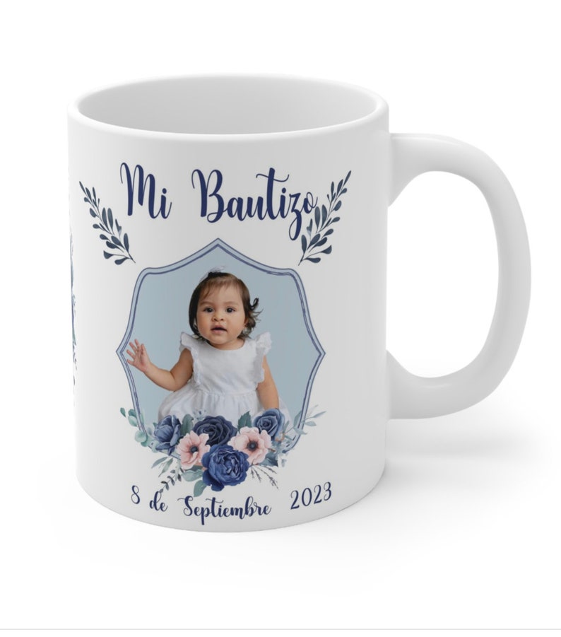 Baptism Personalized Mugs. Cute Blue Floral Spanish or English Baptism ...