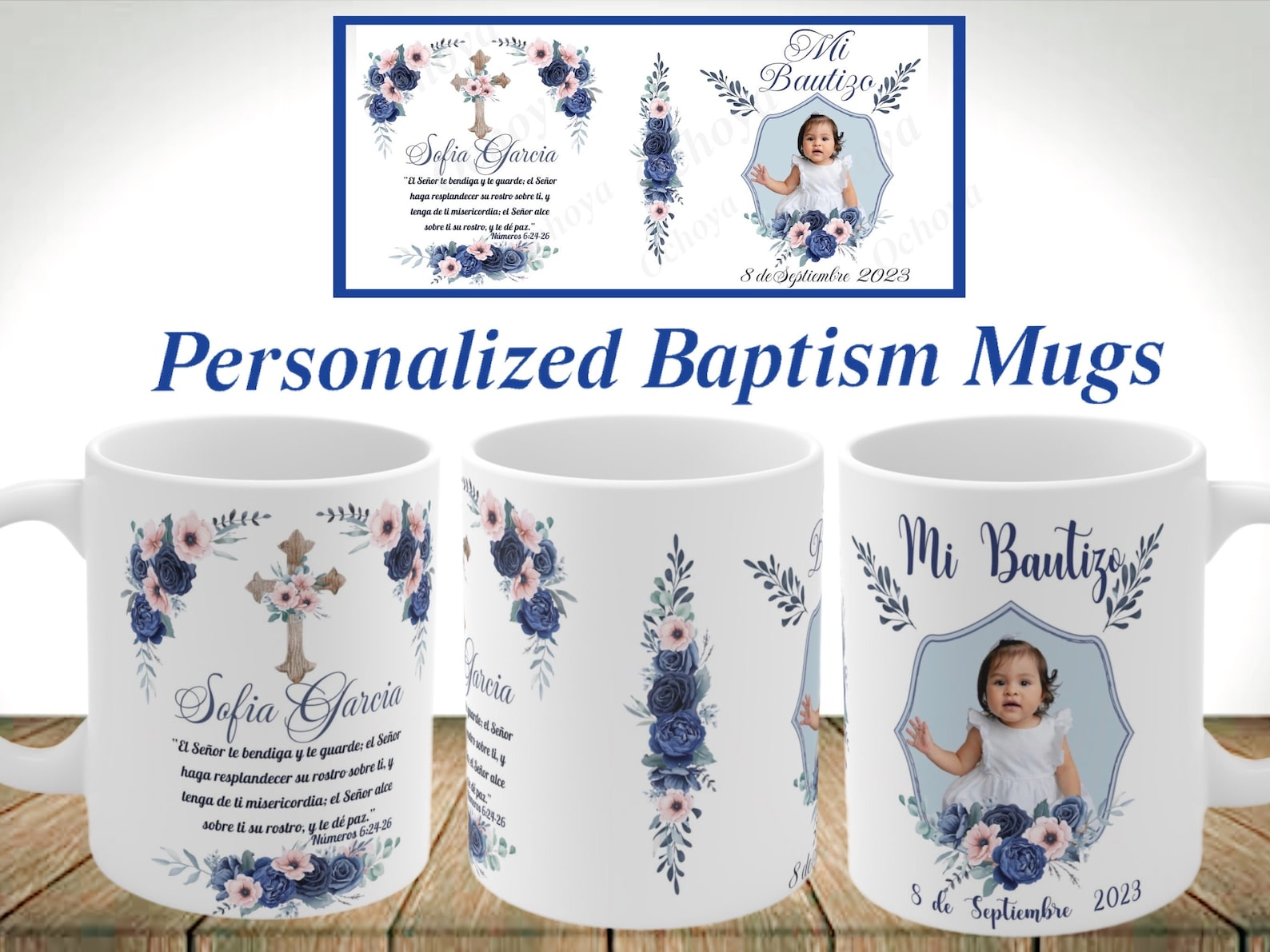 Baptism Personalized Mugs. Cute Blue Floral Spanish or English Baptism ...