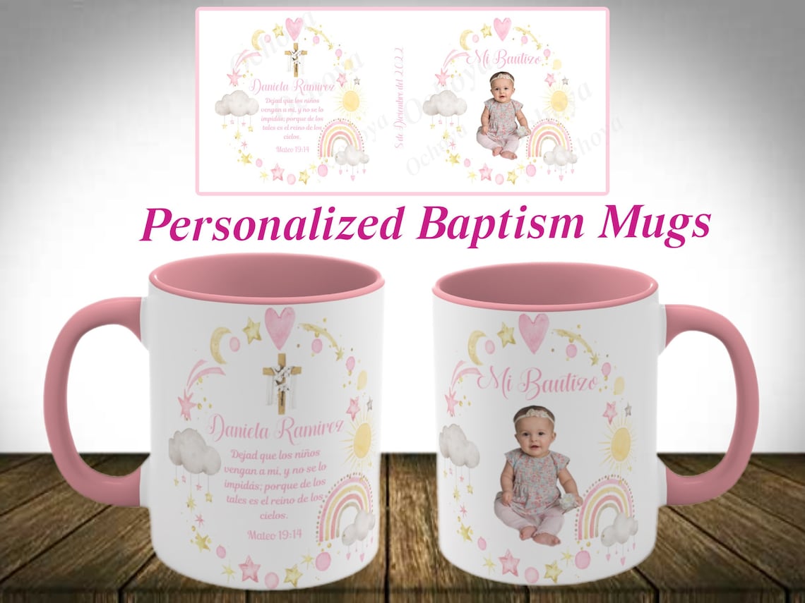 Baptism Personalized Mugs. Cute Baptism Mugs in Pink, Spanish or ...