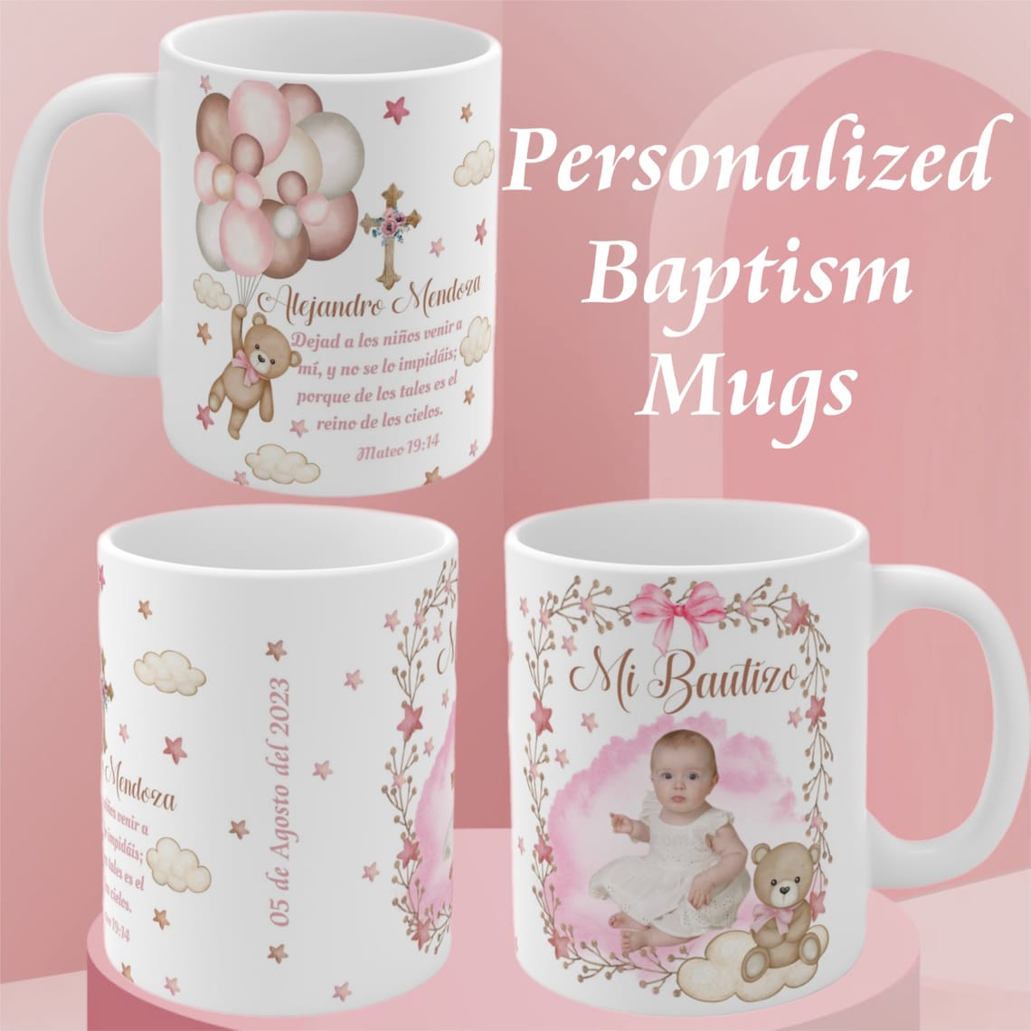 Baptism Personalized Mugs. Cute Baptism Mugs in Pink, Spanish or ...