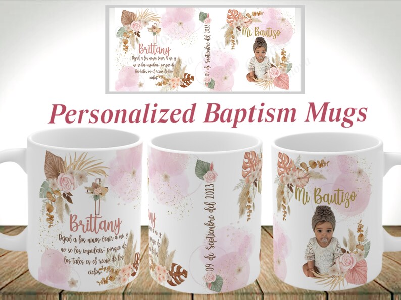 Baptism Boho Personalized Mugs. Boho Floral Spanish or English Baptism ...