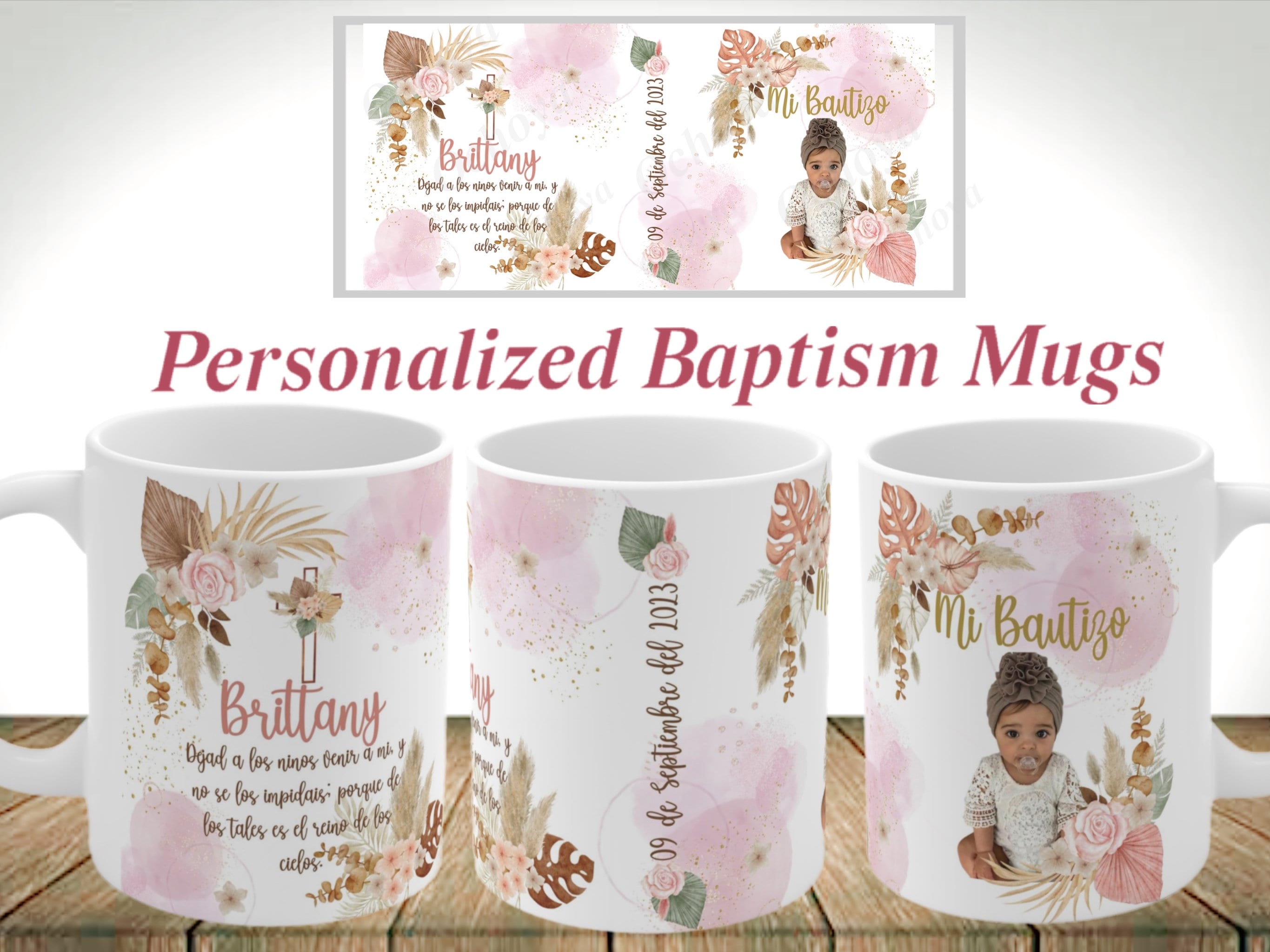 Baptism Boho Personalized Mugs. Boho Floral Spanish or English Baptism ...