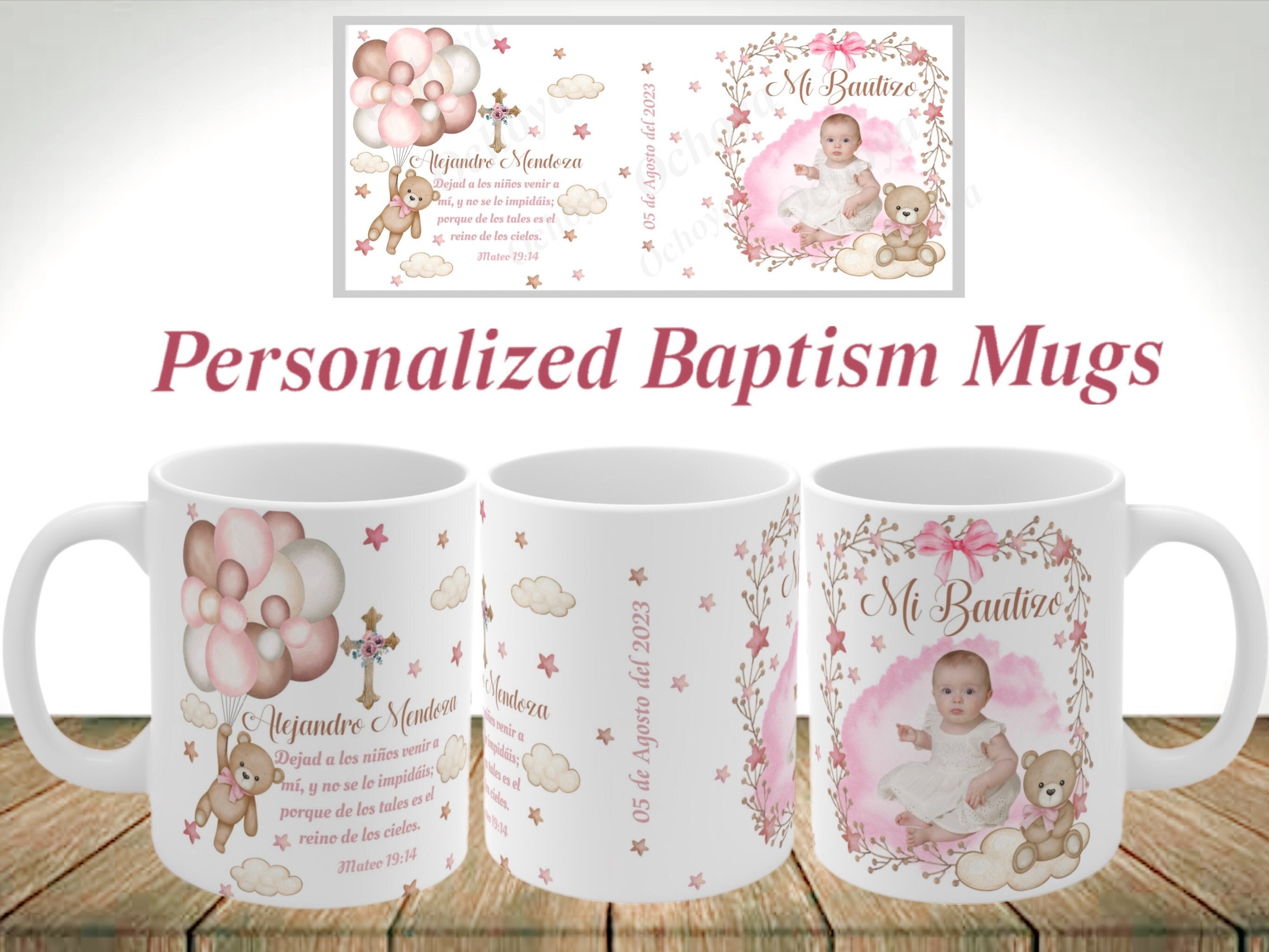 Baptism Personalized Mugs. Cute Baptism Mugs in Pink, Spanish or ...