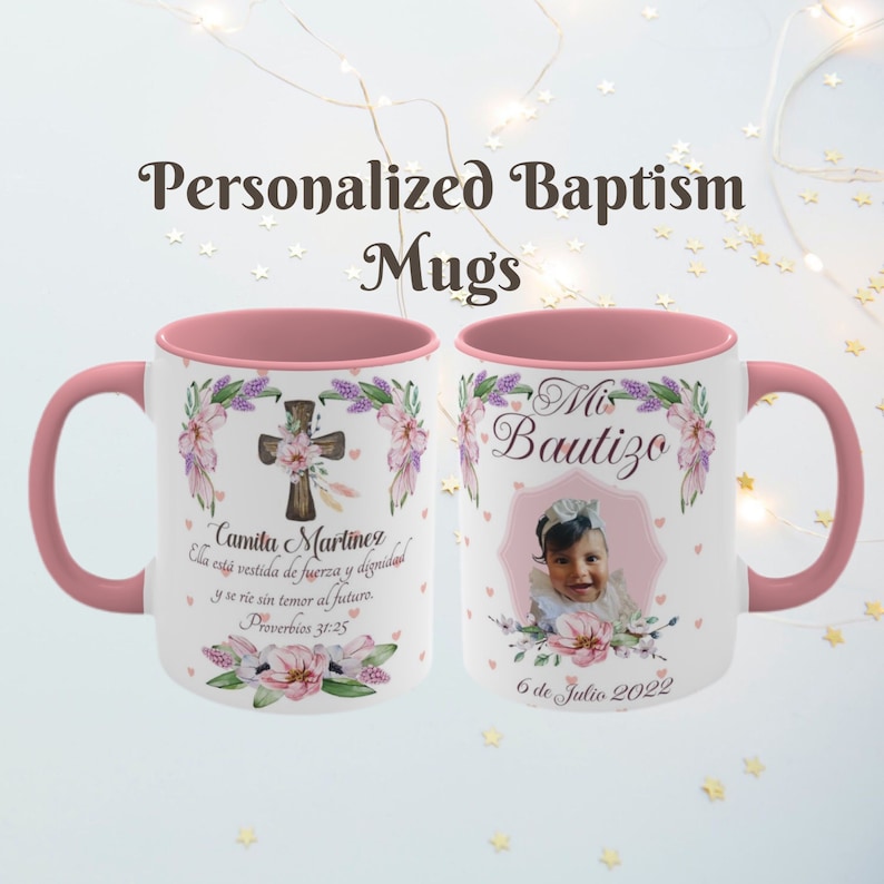 Baptism Personalized Mugs. Cute Floral Spanish or English Baptism Mugs ...