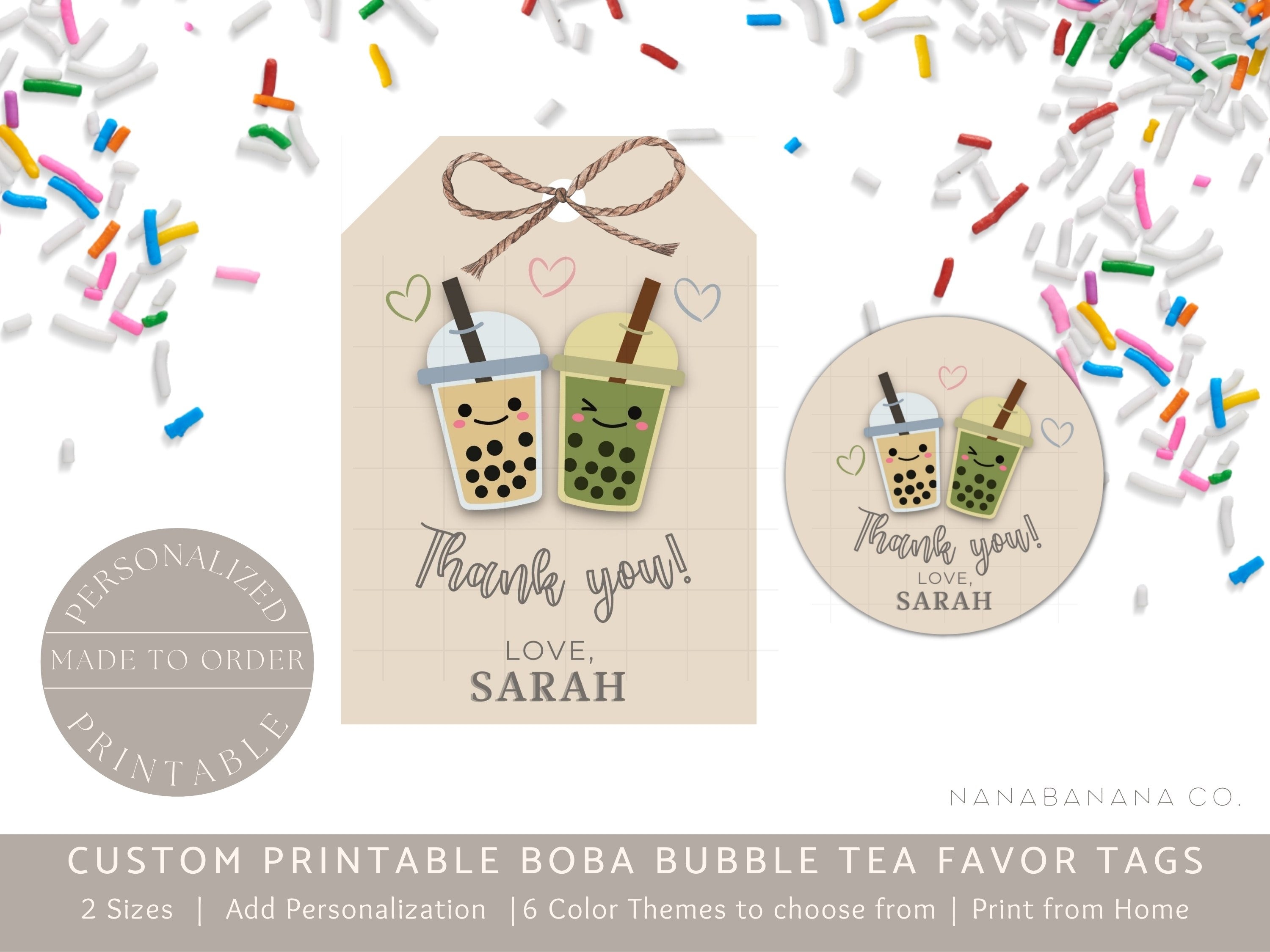 Custom Printable Boba Bubble Tea Thank You Tags, Party Favor Tags, Gift ...