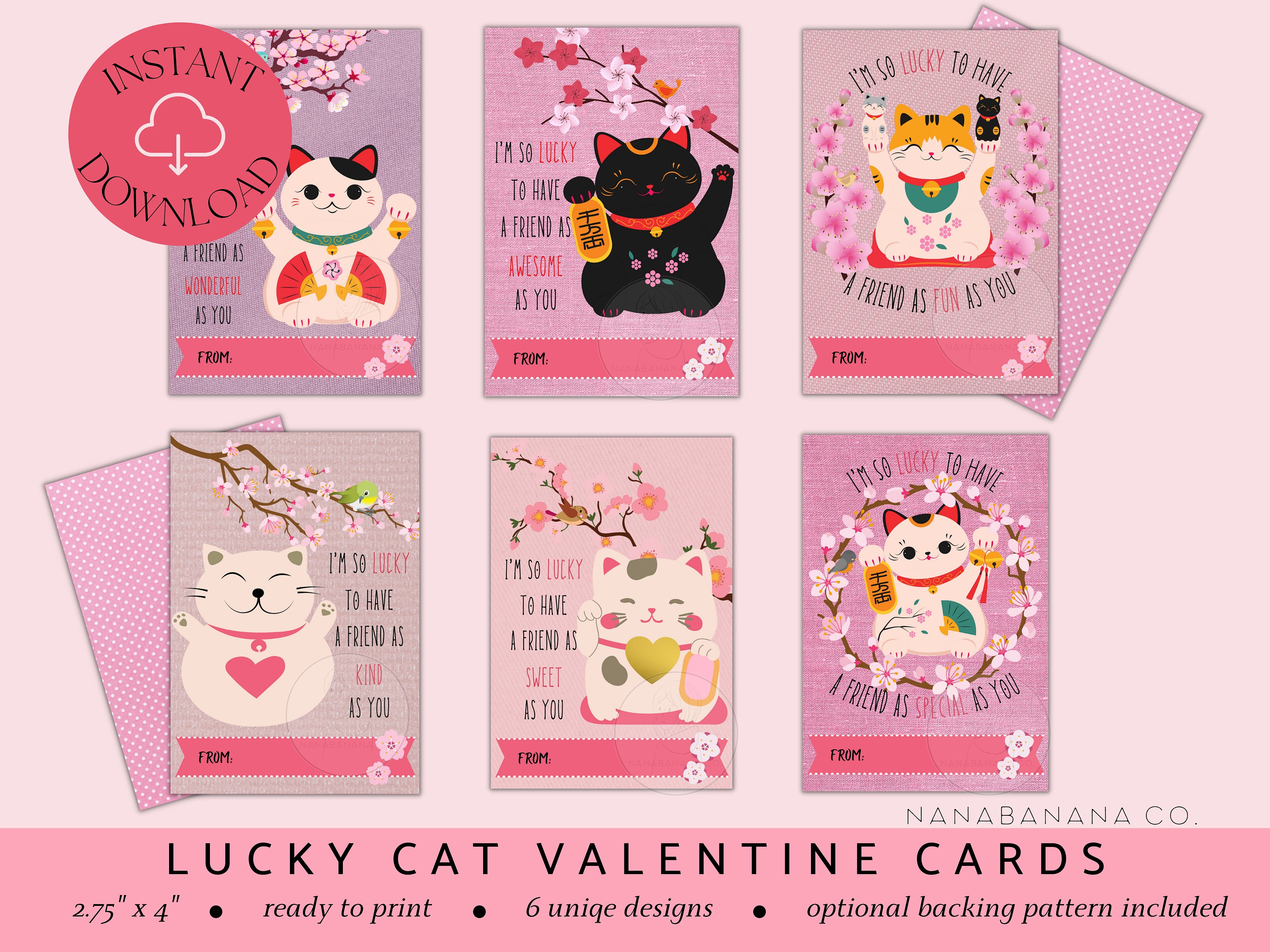 Printable Lucky Cat Cards, Valentine Cards, INSTANT DOWNLOAD, Maneki ...
