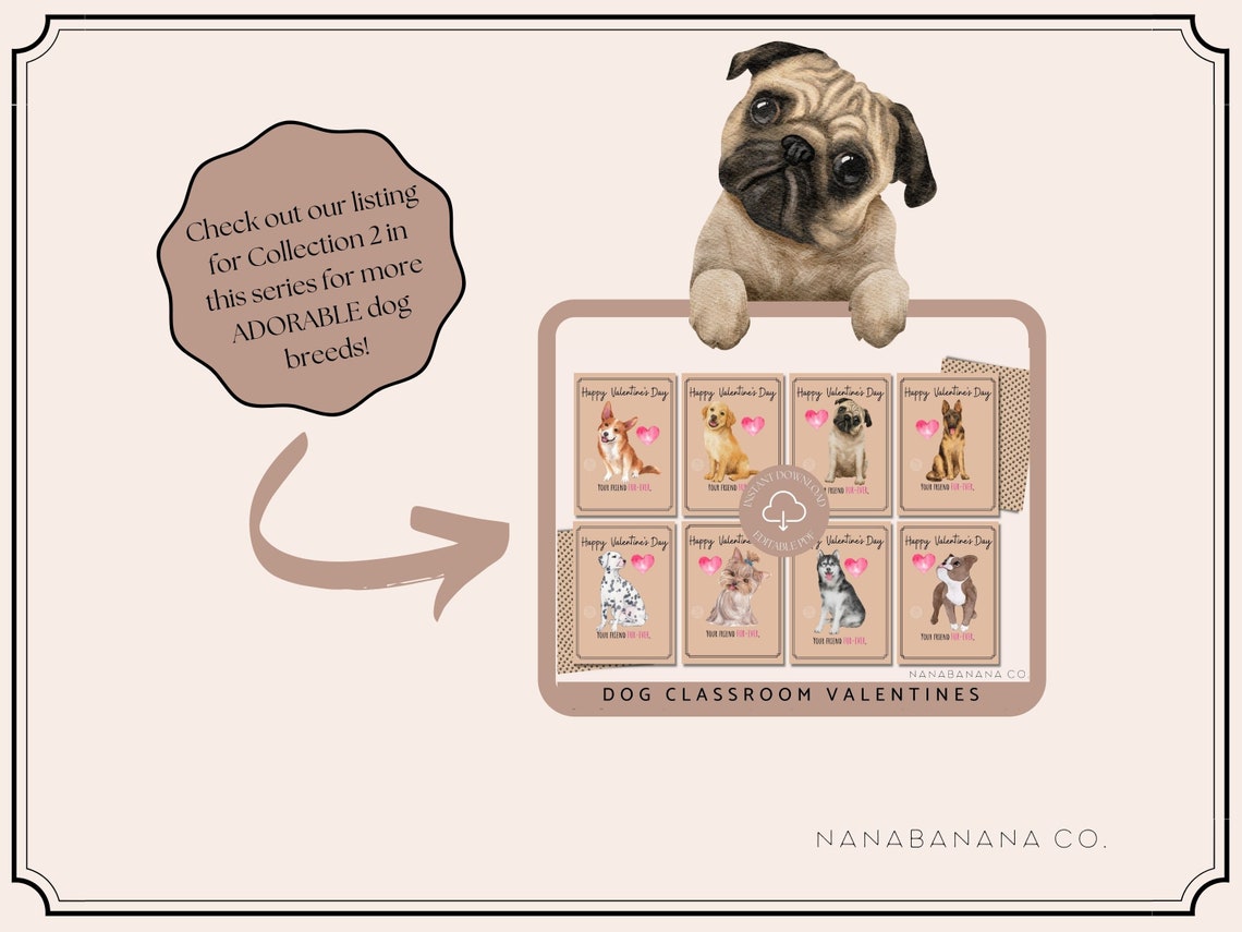 Printable Dog Valentine Cards INSTANT DOWNLOAD Editable Valentine ...