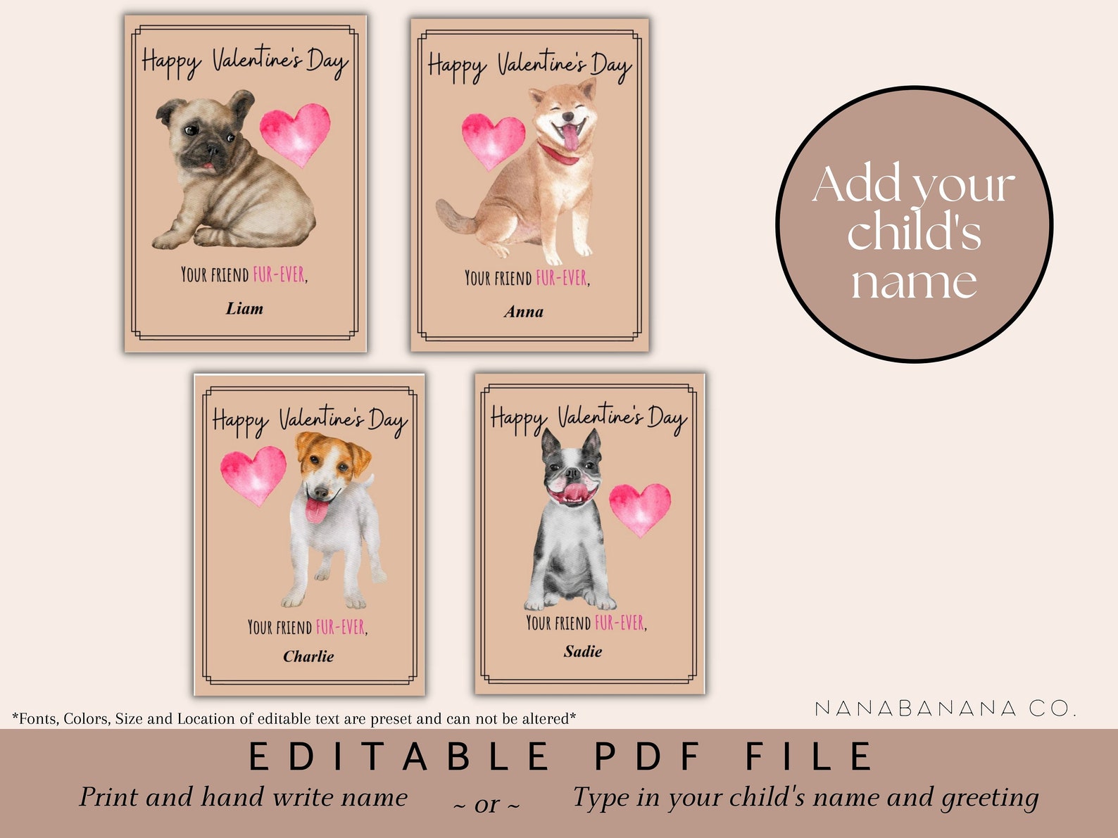 Printable Dog Valentine Cards INSTANT DOWNLOAD Editable Valentine ...