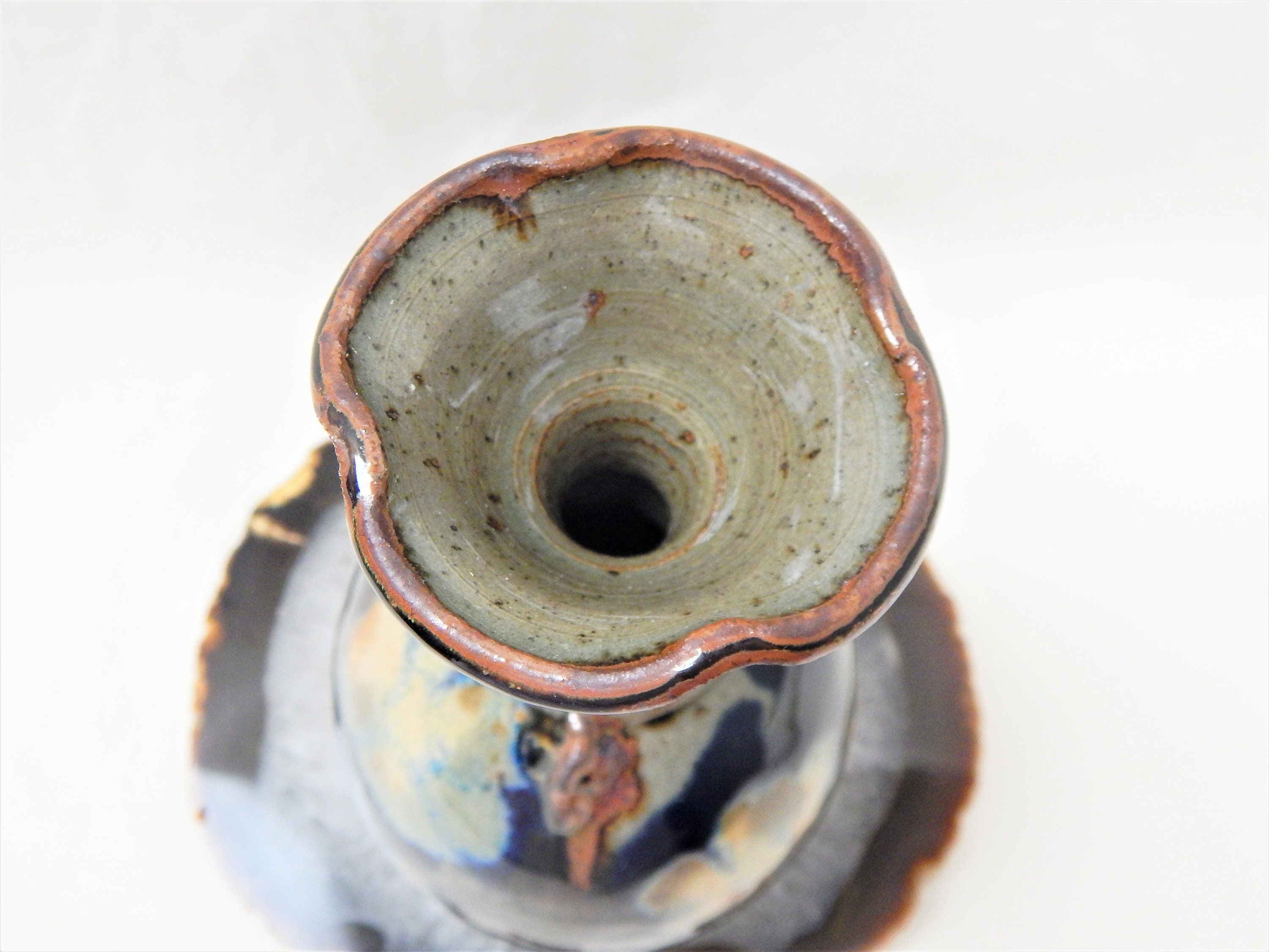 Signed Mary Humphrey Pottery 6.5" Bud Vase Mottled Navy Blue and Tan - Etsy