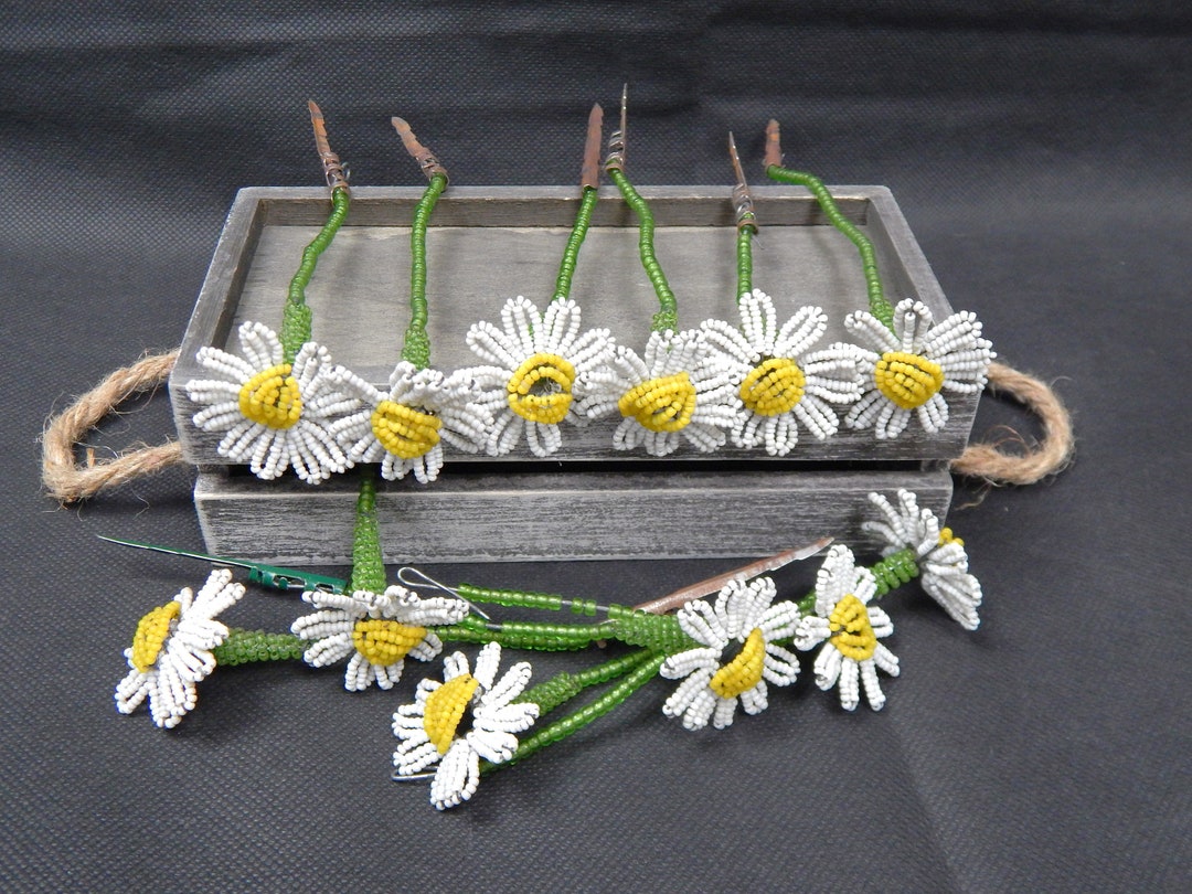 Vintage Seed Bead Button Daisy Flower Picks Set of 12 Handmade French ...