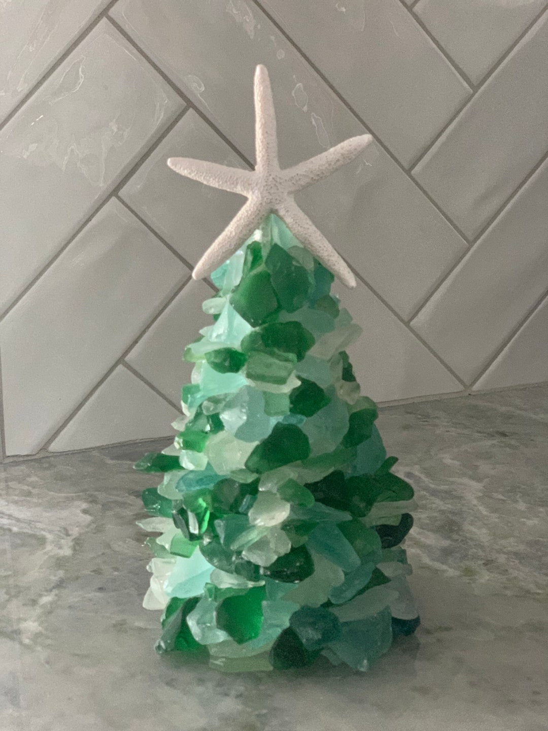 Sea Glass 9 Inch Christmas Tree Made With Light and Dark Green & White ...