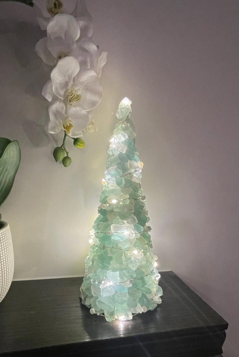 One-of-a-kind White and Green Seaglass Tree (13.5 Inches Tall) With ...