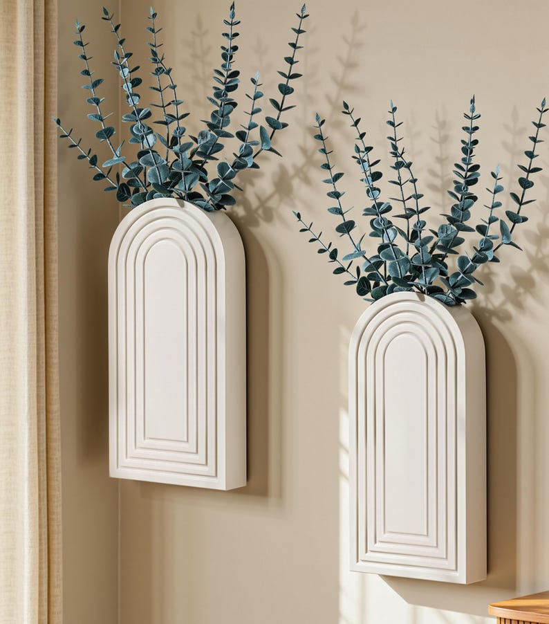 2 Pack Wooden Wall Vases With 2 Bundles Faux Eucalyptus/dry Plants - Etsy
