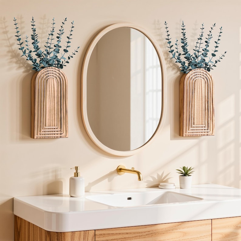2 Pack Wooden Wall Vases With 2 Bundles Faux Eucalyptus/dry Plants - Etsy