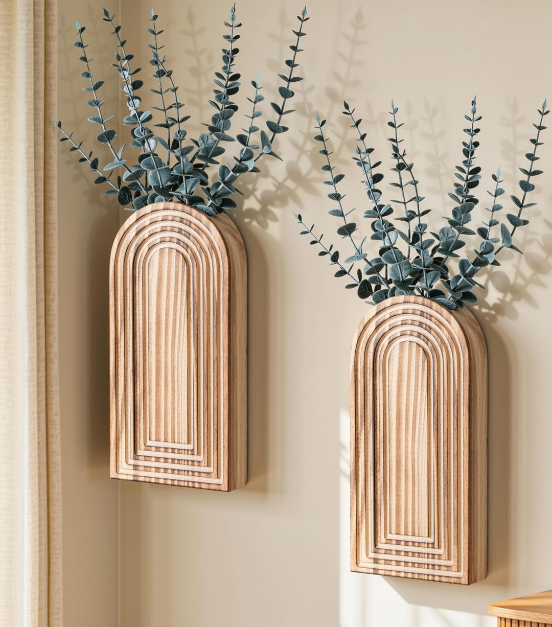 2 Pack Wooden Wall Vases With 2 Bundles Faux Eucalyptus/dry Plants - Etsy