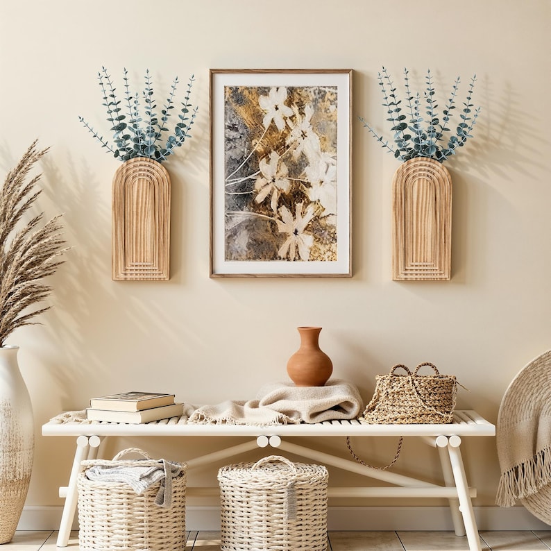 2 Pack Wooden Wall Vases With 2 Bundles Faux Eucalyptus/dry Plants - Etsy