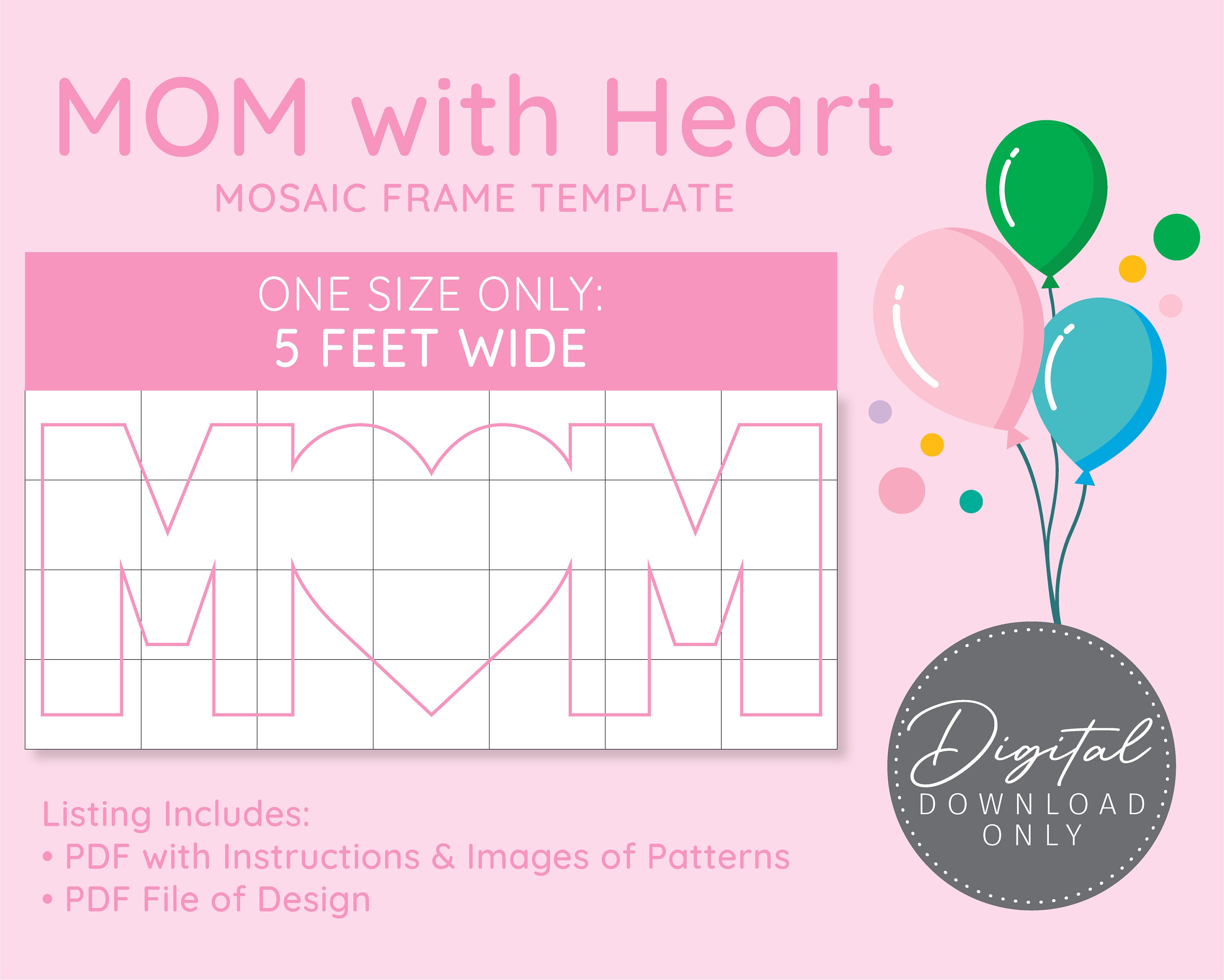 MOM With Heart Mosaic Digital Template - 5 Feet WIDE Only, Mothers Day ...