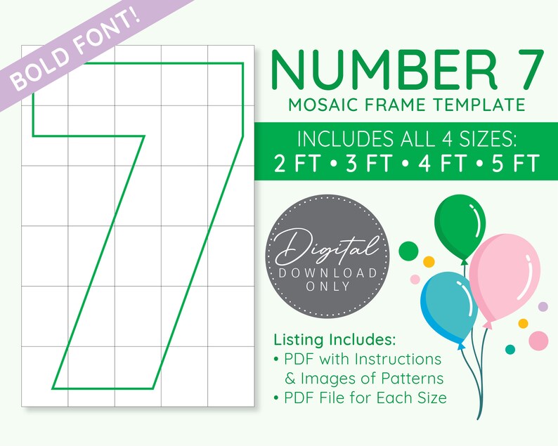Number 7 Mosaic Digital Template - 2 Ft, 3 Ft, 4 Ft, 5 Ft, Balloon ...