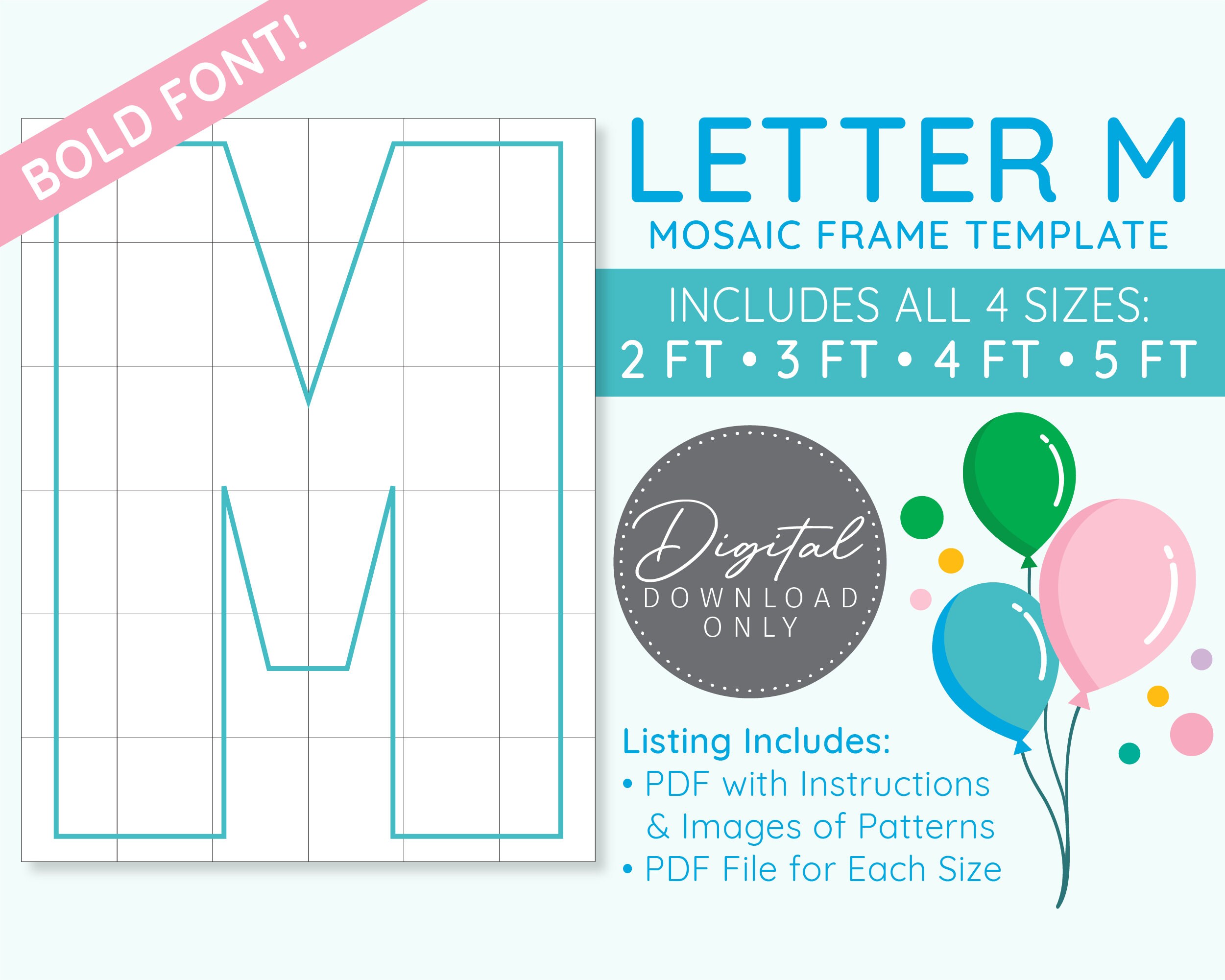Letter M Mosaic Digital Template 2 Ft, 3 Ft, 4 Ft, 5 Ft, Balloon ...