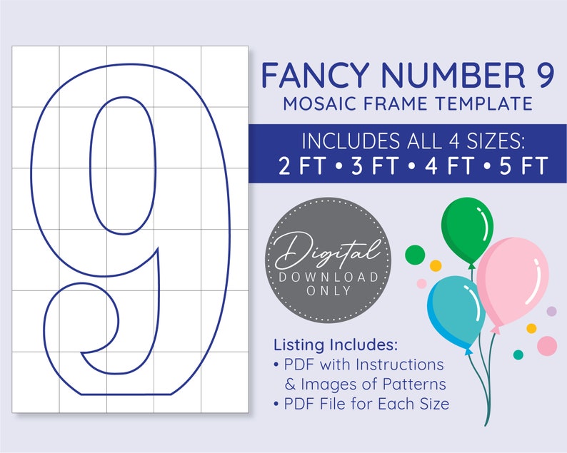 Fancy Number 9 Mosaic Digital Template - 2 Ft, 3 Ft, 4 Ft, 5 Ft, Fancy ...