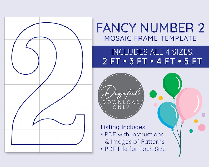 Fancy Number 2 Mosaic Digital Template - 2 Ft, 3 Ft, 4 Ft, 5 Ft, Fancy ...