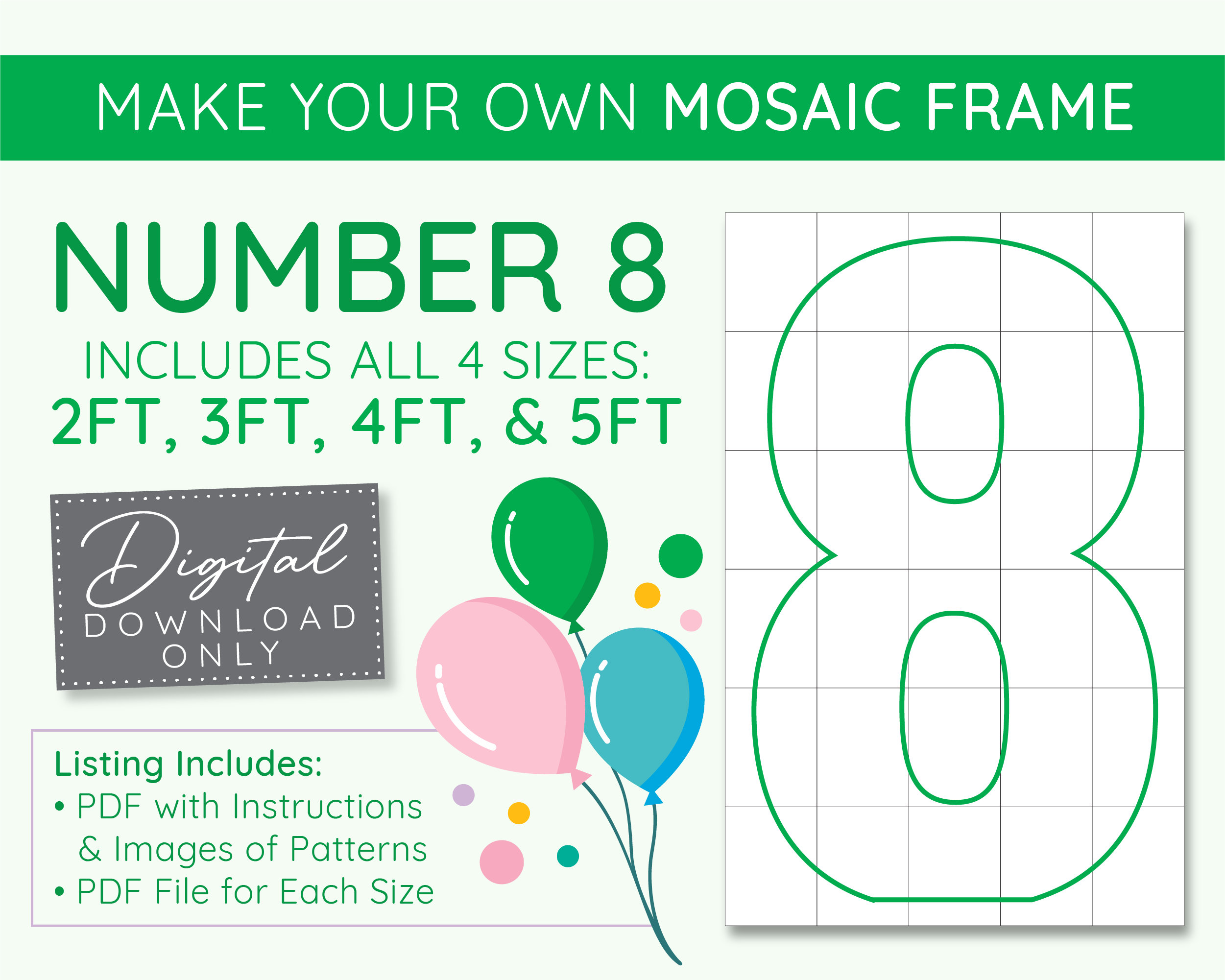Number 8 Mosaic Digital Template - 2 Ft, 3 Ft, 4 Ft, 5 Ft, Balloon ...