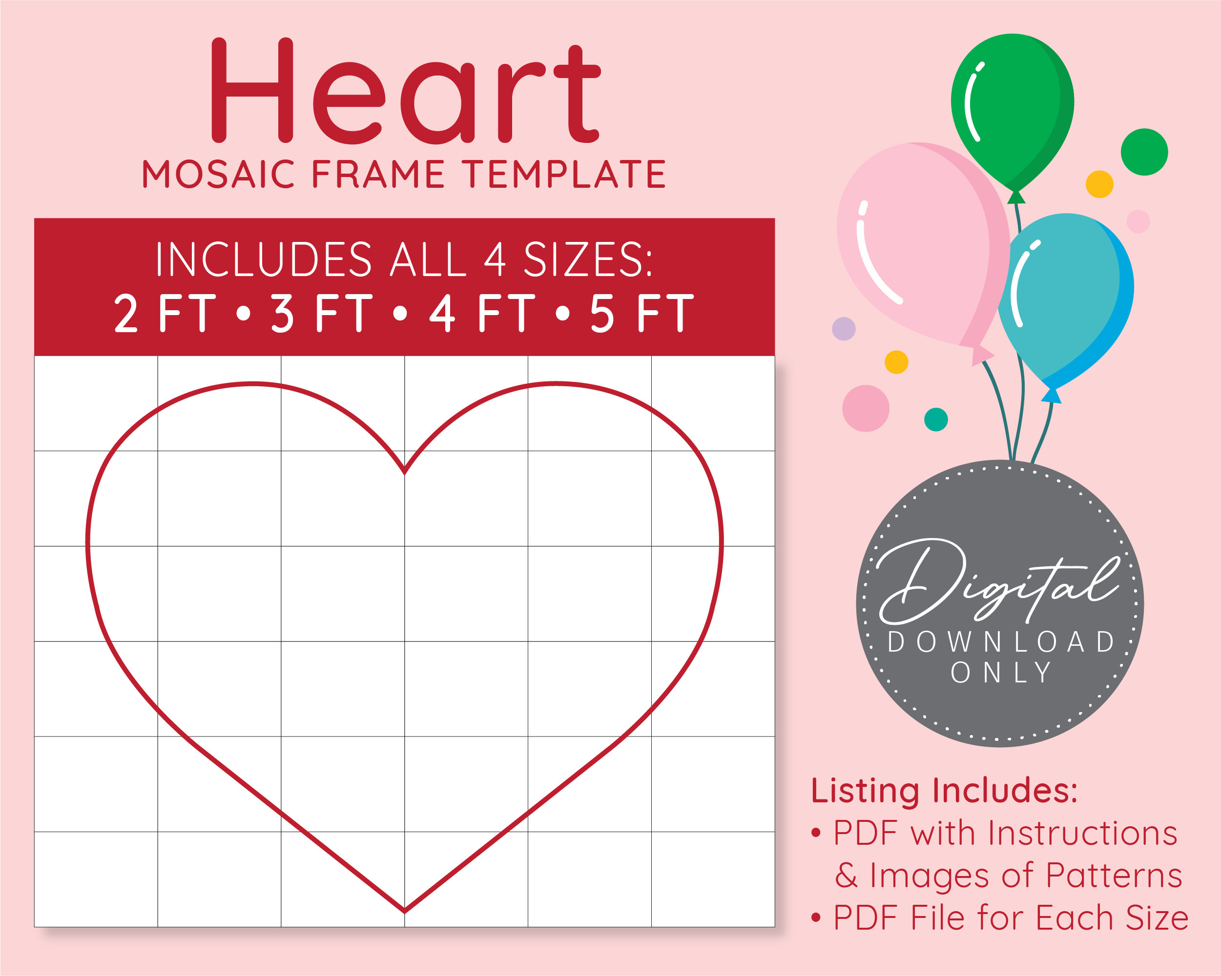 Heart Shaped Mosaic Digital Template - 2 Ft, 3 Ft, 4 Ft, 5 Ft, Balloon ...