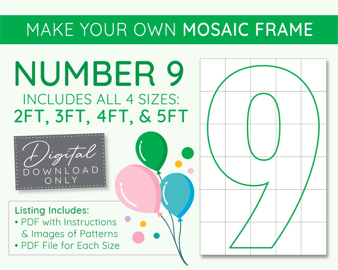 Number 9 Mosaic Digital Template - 2 Ft, 3 Ft, 4 Ft, 5 Ft, Balloon ...