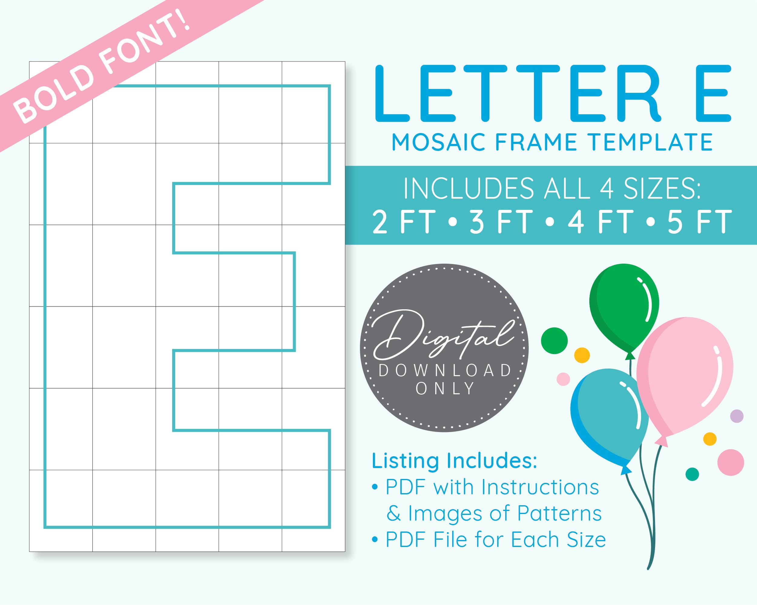 Letter E Mosaic Digital Template - 2 Ft, 3 Ft, 4 Ft, 5 Ft, Balloon ...