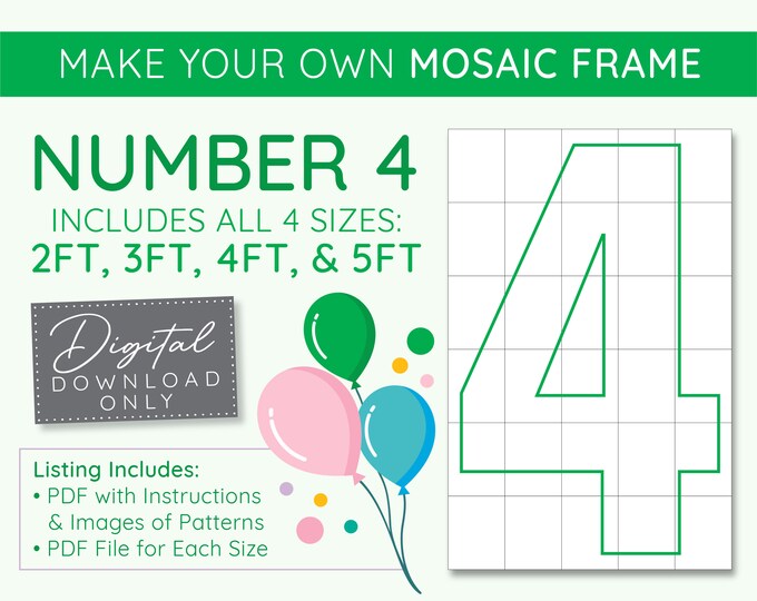 SQUARE Number 4, Balloon Mosaic Template, Four Mosaic Number Template ...