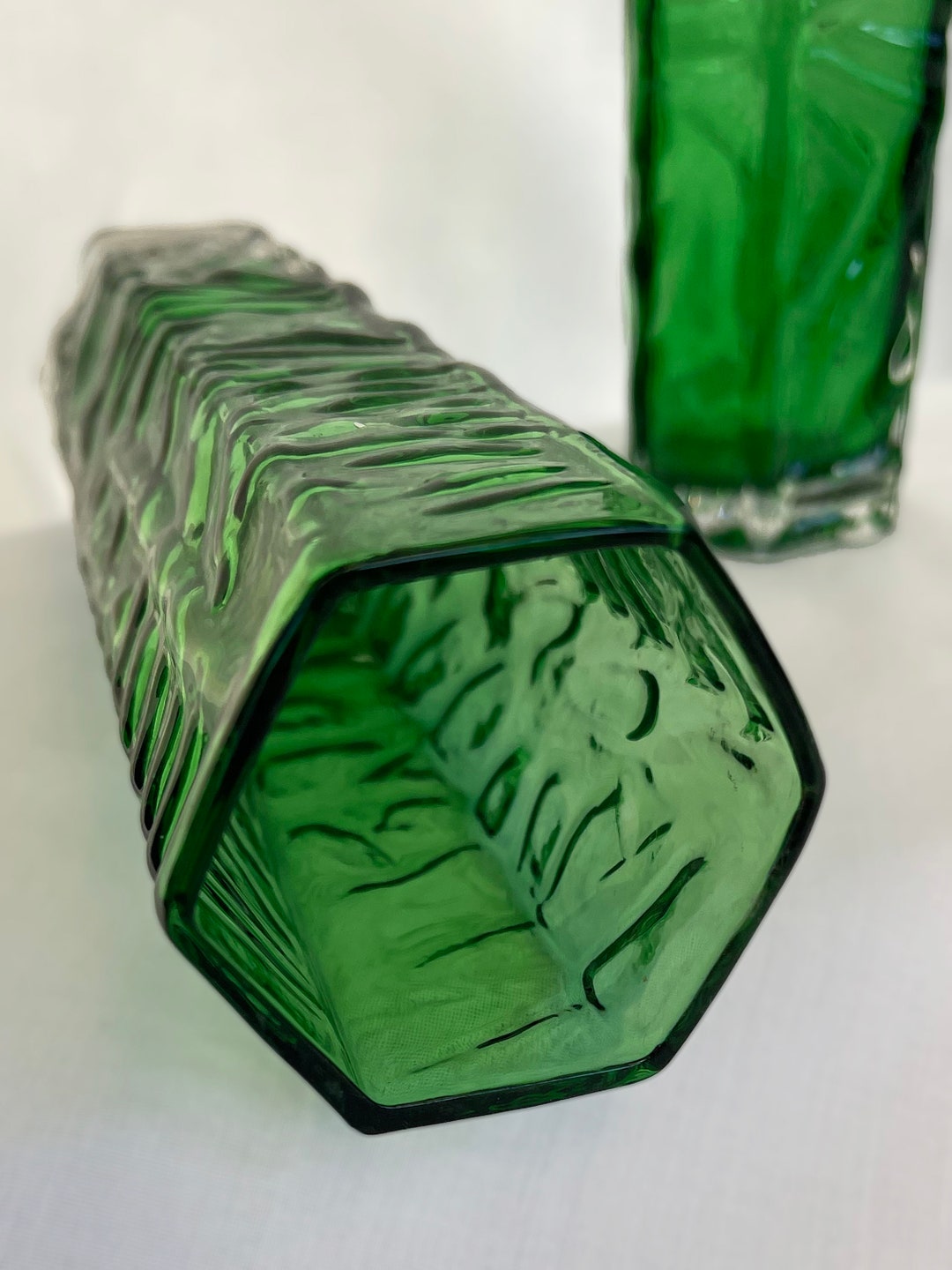 Pair of Mid Century Hexagonal Green Cased Textured Art Glass Vases ...