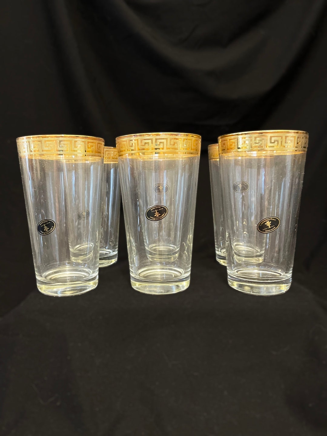 Six Vintage 24k Gold Rim Greek Key Design Italian Cristalleria Fumo ...