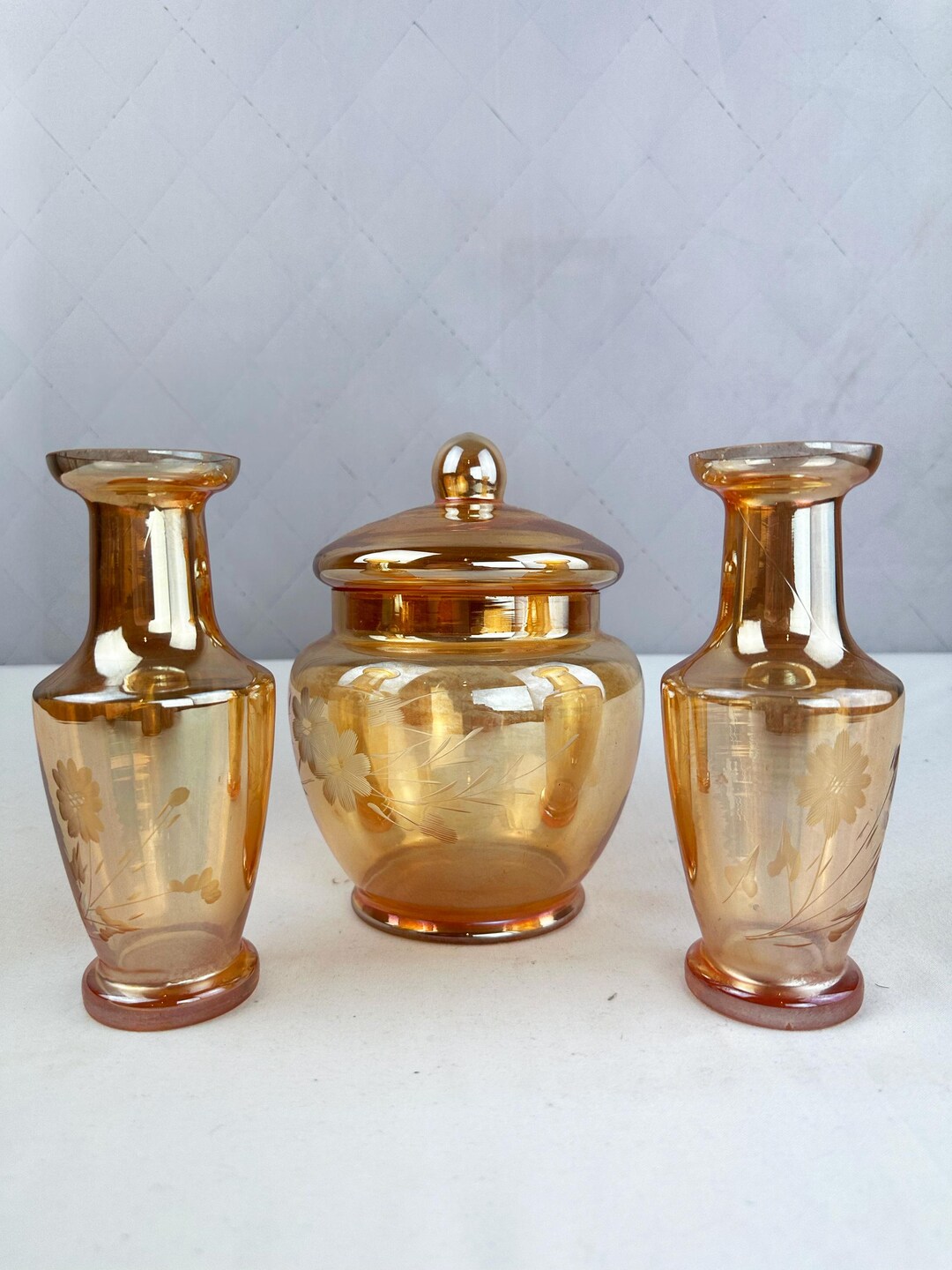 Marigold Carnival Glass Jar and Two Posey Vases Circa 1930 - Etsy