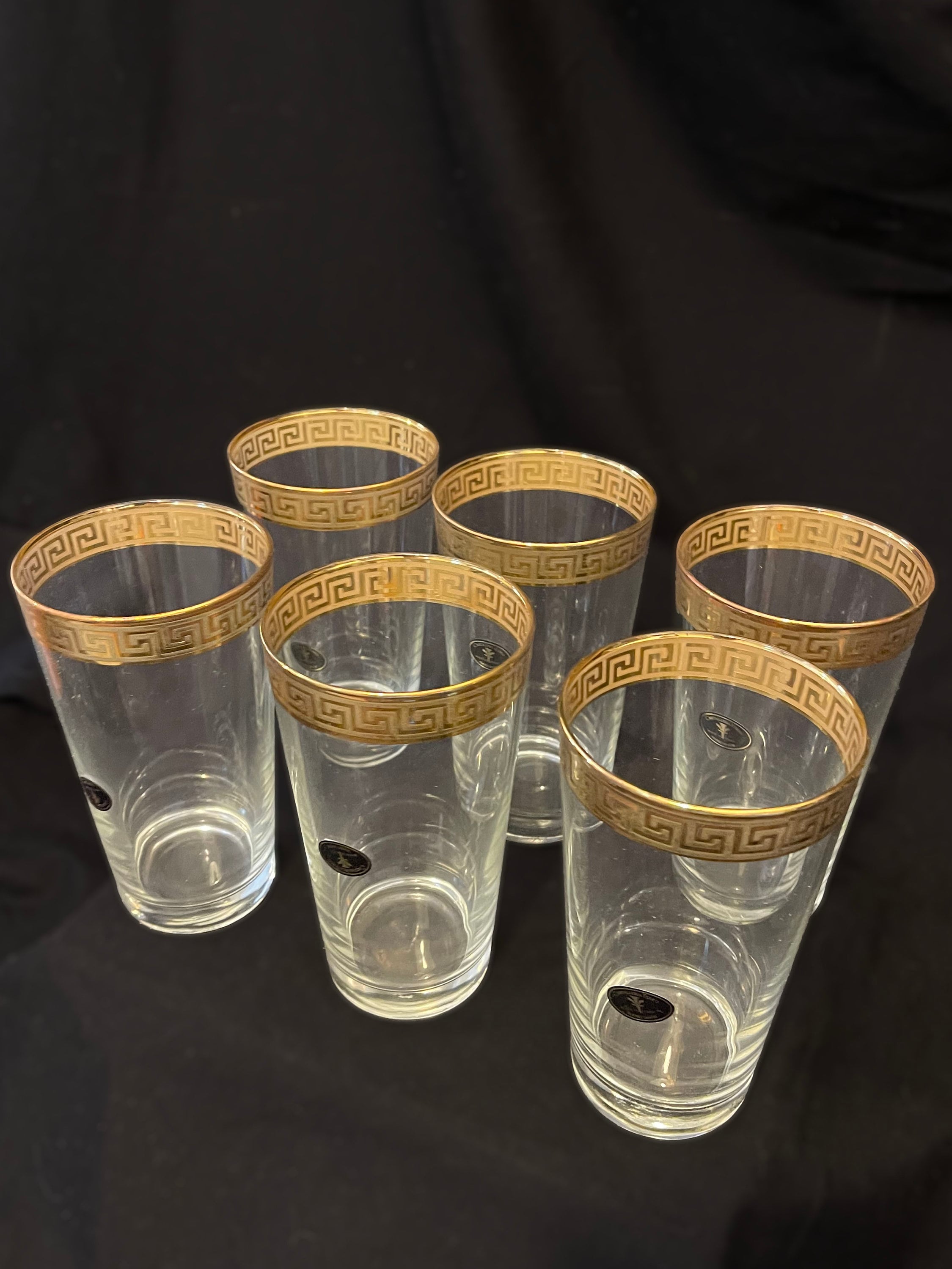Six Vintage 24k Gold Rim Greek Key Design Italian Cristalleria Fumo ...