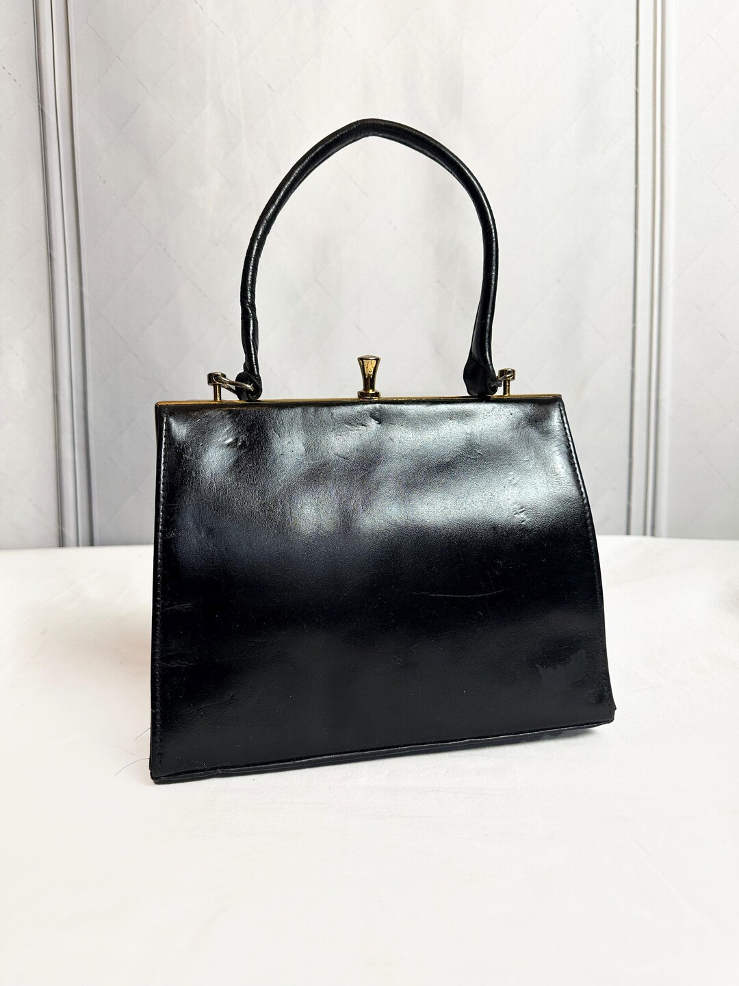 Vintage 1950s-1960s Black Leather Kelly Bag, Single Strap Handbag, Mid ...