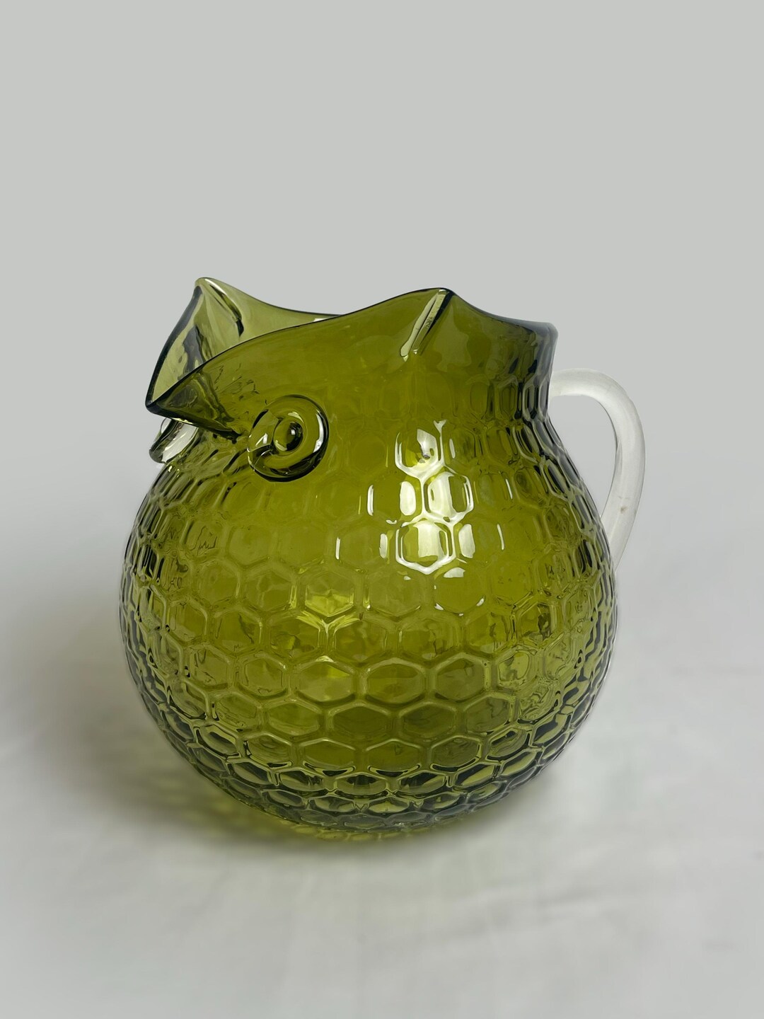 Vintage Art Glass Chartreuse Green Honeycomb Owl With Applied Eyes Pitcher/jug by Trautman Art ...