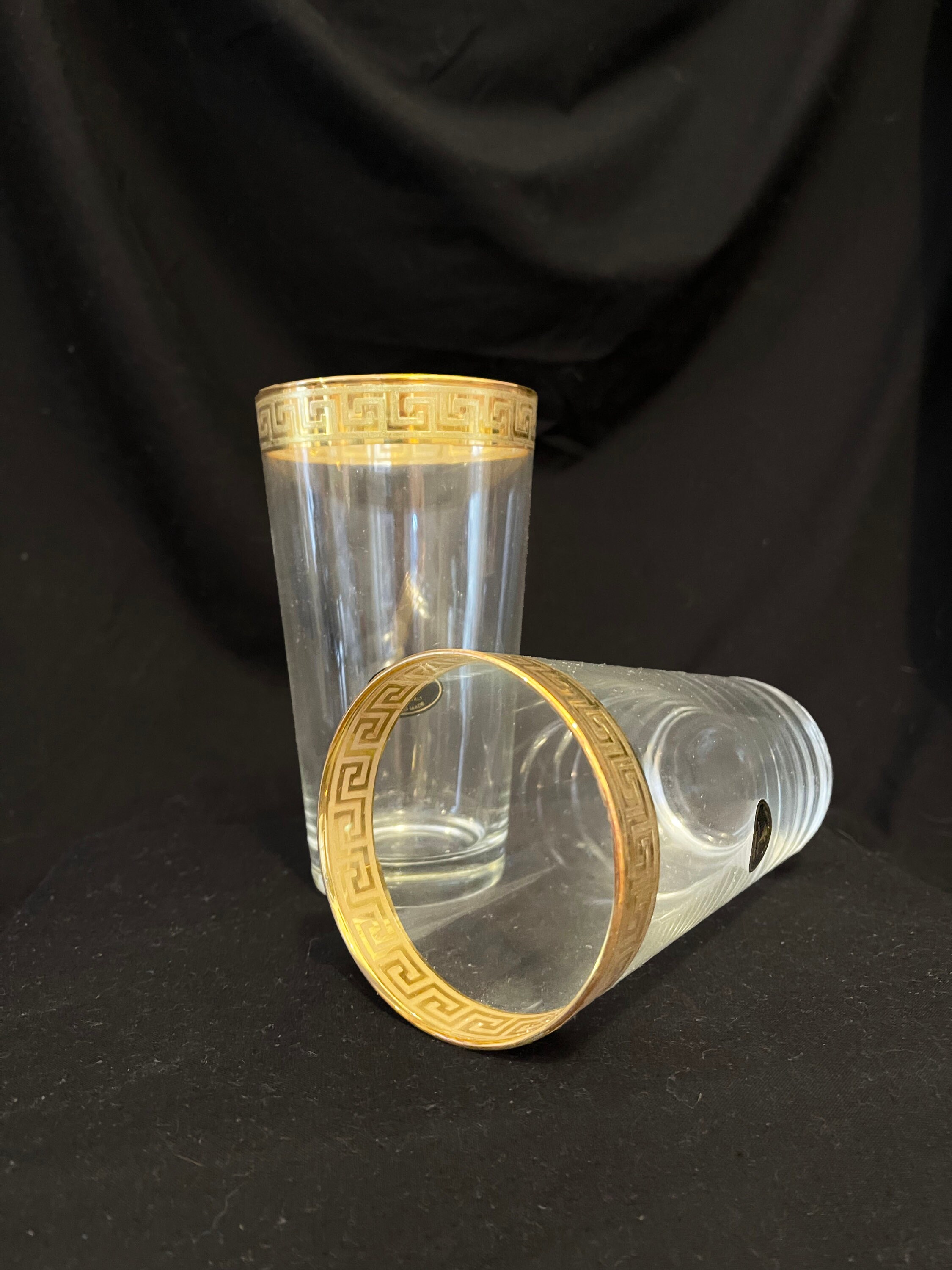 Six Vintage 24k Gold Rim Greek Key Design Italian Cristalleria Fumo ...