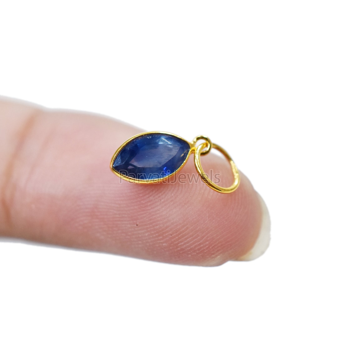 18k Solid Gold Marquise Blue Sapphire Charm Pendant, Handmade Gemstone ...