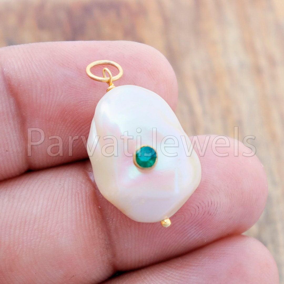 Natural Emerald Pave Baroque Pearl Charm, 18k Solid Gold Charm, Natural ...