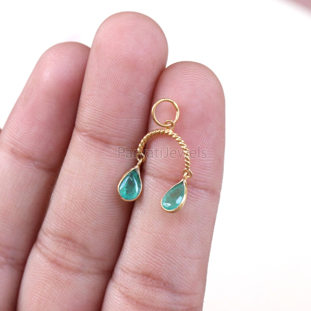 2 Stone Hanging Emerald Charm, 18k Solid Gold Charm, Natural Emerald ...