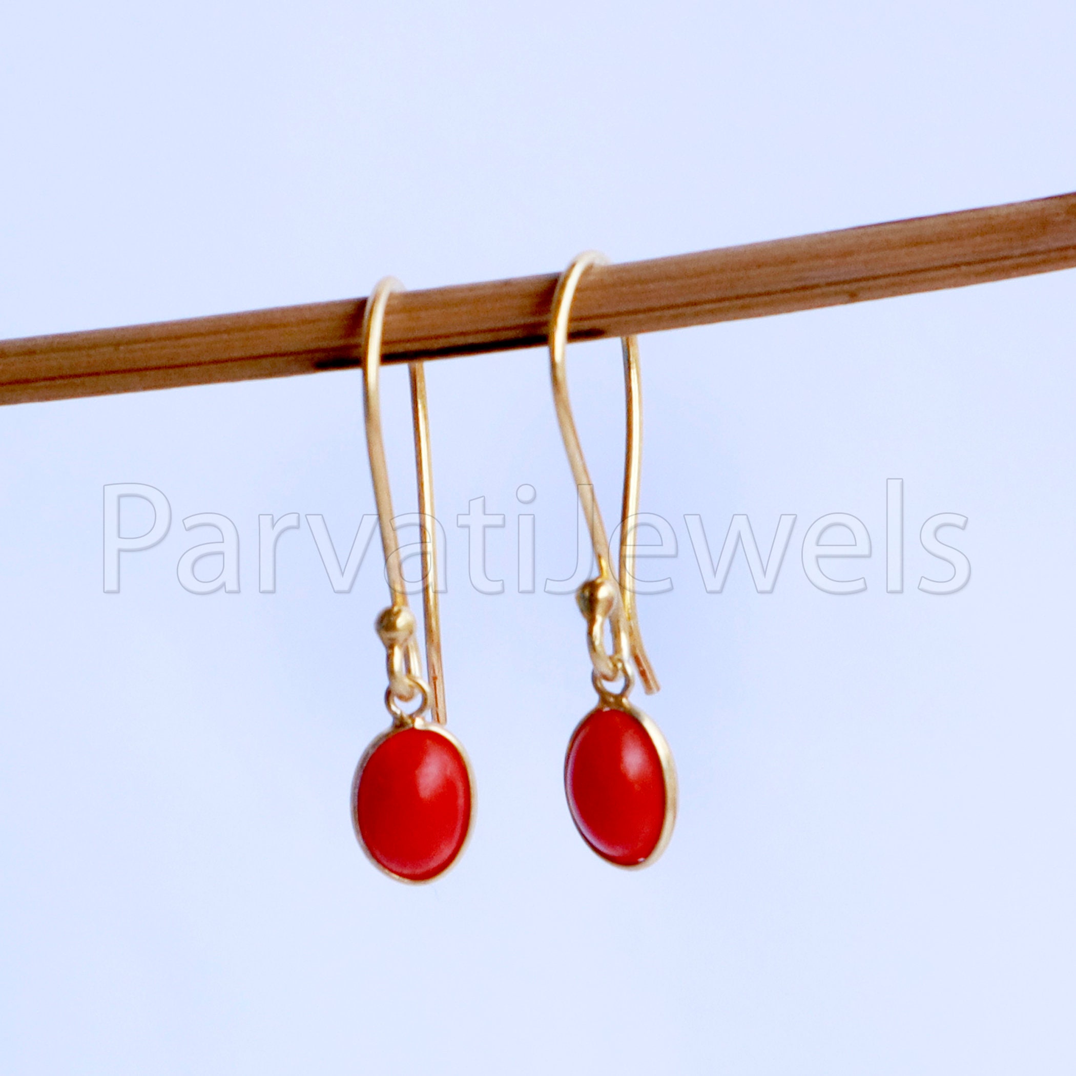 Natural Red Coral 18K Gold Dangle Earrings, Handmade - Etsy