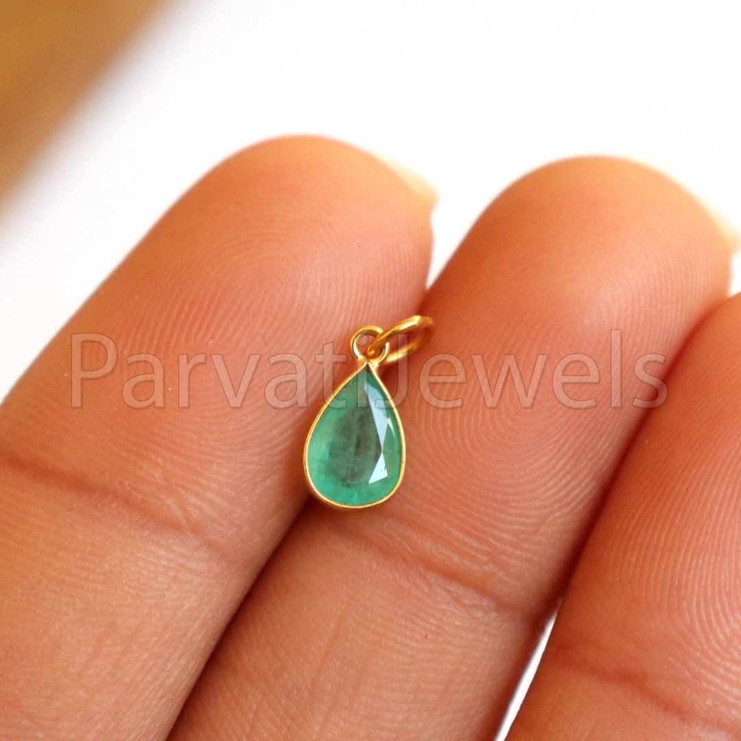 18k Solid Gold Emerald Charm, Pear Cut Green Gemstone Pendant, May ...